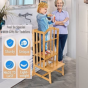 DORPU Learning Step Stool for Kids, Adjustable Height Toddler Kitchen Standing Tower with Double-Side Art Board, Natural