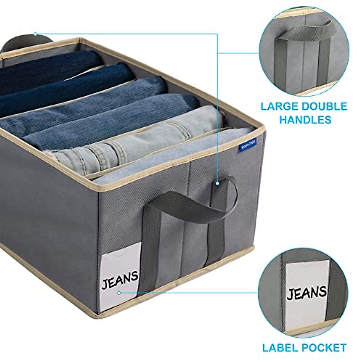 roomtalk Wardrobe Clothes Organizer for Jeans & Pants 6-Grids, Clothes Organizer for Folded Clothes with Double Handles & Label Pocket, 11.8" W x 16.5" D x 7.9" H, 2 Pack Grey.