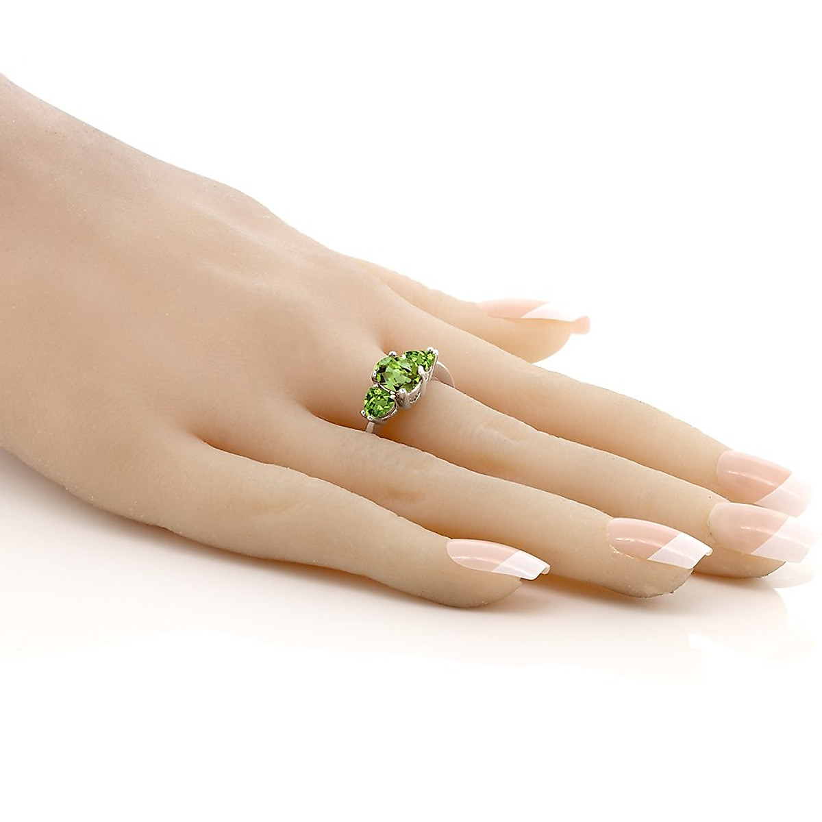 Gem Stone King 925 Sterling Silver Green Peridot 3-Stone Ring for Women (2.11 Cttw, Oval 8X6MM, Gemstone Birthstone, Available in size 5, 6, 7, 8, 9)