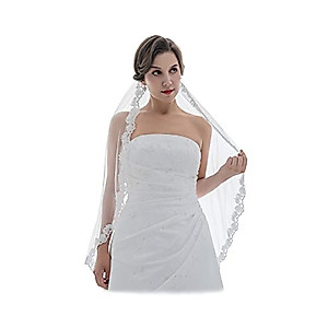 SAMKY 1T 1 Tier Floral Scallop Embroided Lace Pearl Veil - White Fingertip Length 36" V470