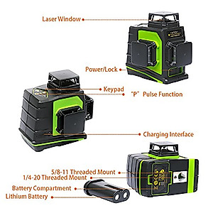 Huepar 3D Self-Leveling Laser Level 3x360 Red Cross Line 100Ft Three-Plane Leveling and Alignment Laser Level Tool -Two 360° Vertical and One 360° Horizontal Line -Magnetic Pivoting Base GF360R