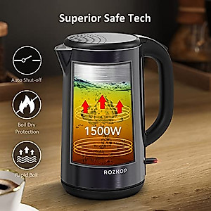 ROZKOP Electric Tea Kettle Double Wall 304 Stainless Steel 1.7L Hot Water Boiler, 1500W Water Kettle with Auto Shut-Off & Boil Dry Protection, BPA-Free, Cordless Base & LED Indicator