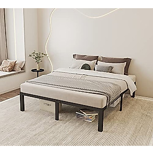 ROIL 14 inch Queen Size Bed Frame with Wood Slats - 3500lbs Heavy Duty No Box Spring Needed Platform, Mattress Stoppers Double Metal Noise Free Bedframe with Headboard Hole Underneath Storage