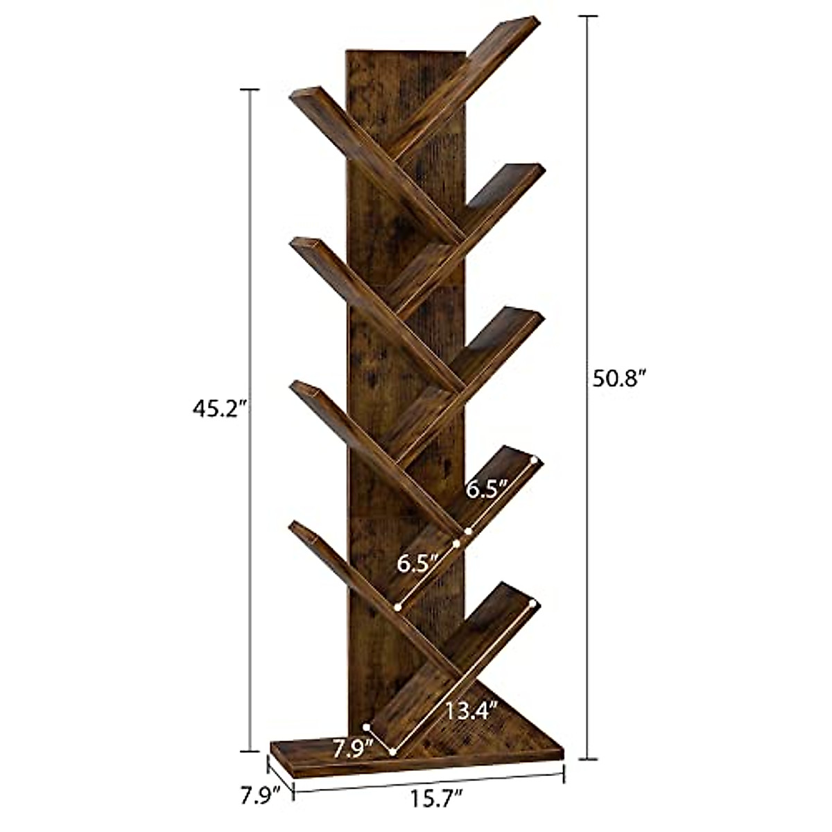 Topfurny Tree Bookshelf, 9-Tier Shelf Rustic Brown Bookcase, Retro Wood Storage Rack for CDs/Movies/Books, Anti-Fall Utility Organizer Shelves for Living Room, Bedroom, Home Office, Rustic Brown