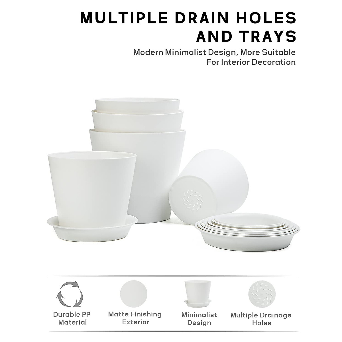 LaDoVita 7 Pack Plastic Plant Pots Indoor, 7/6.5/6/5.5/5/4.5/4 Inch Modern Planters for Plants, Flower Pots with Drainage Holes and Trays, White