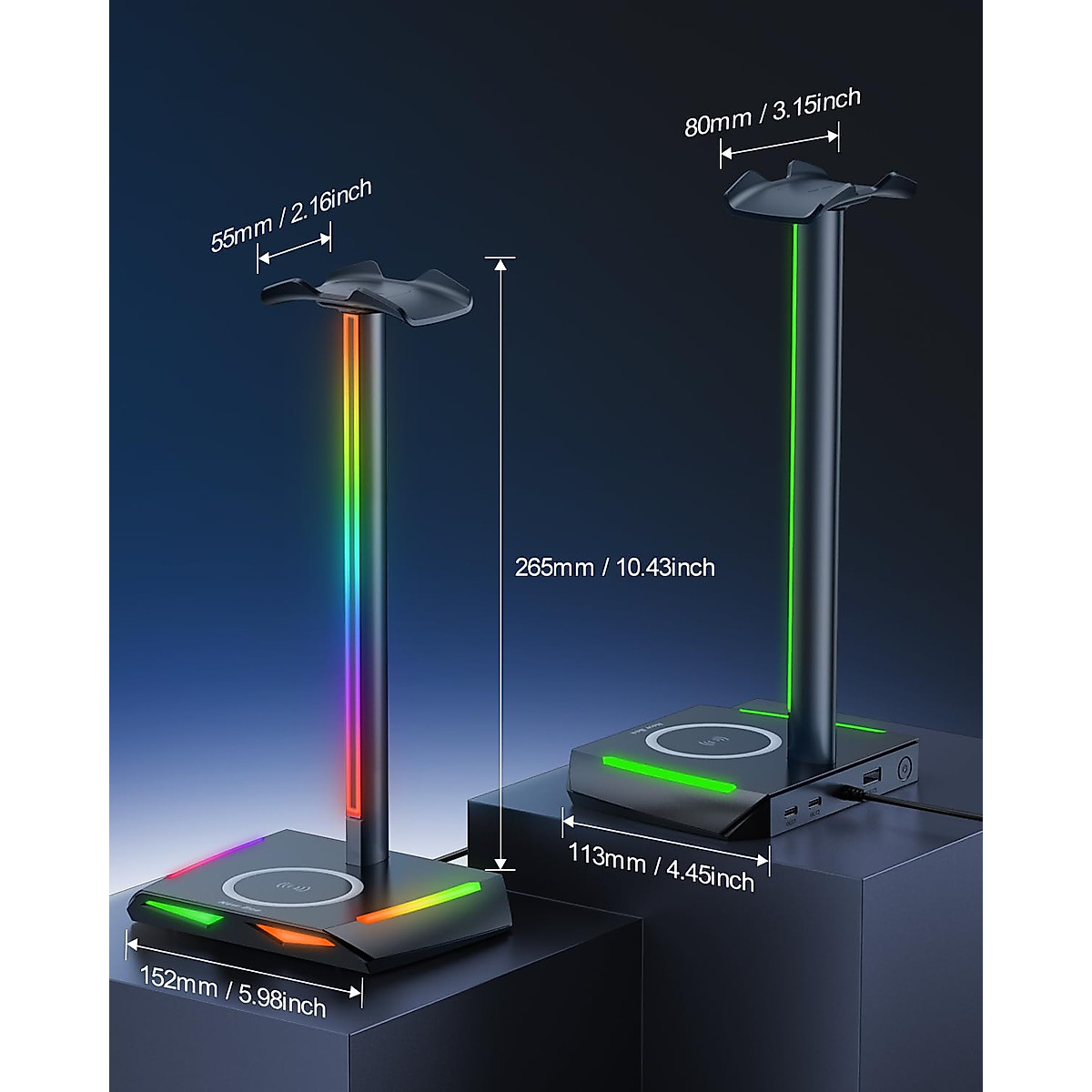 New bee RGB Headphone Stand with 2 USB-C & 1 USB Charging Ports, Desk Gaming Headset Holder with 7 Light Modes and Non-Slip Rubber Base Suitable for All Earphone Accessories