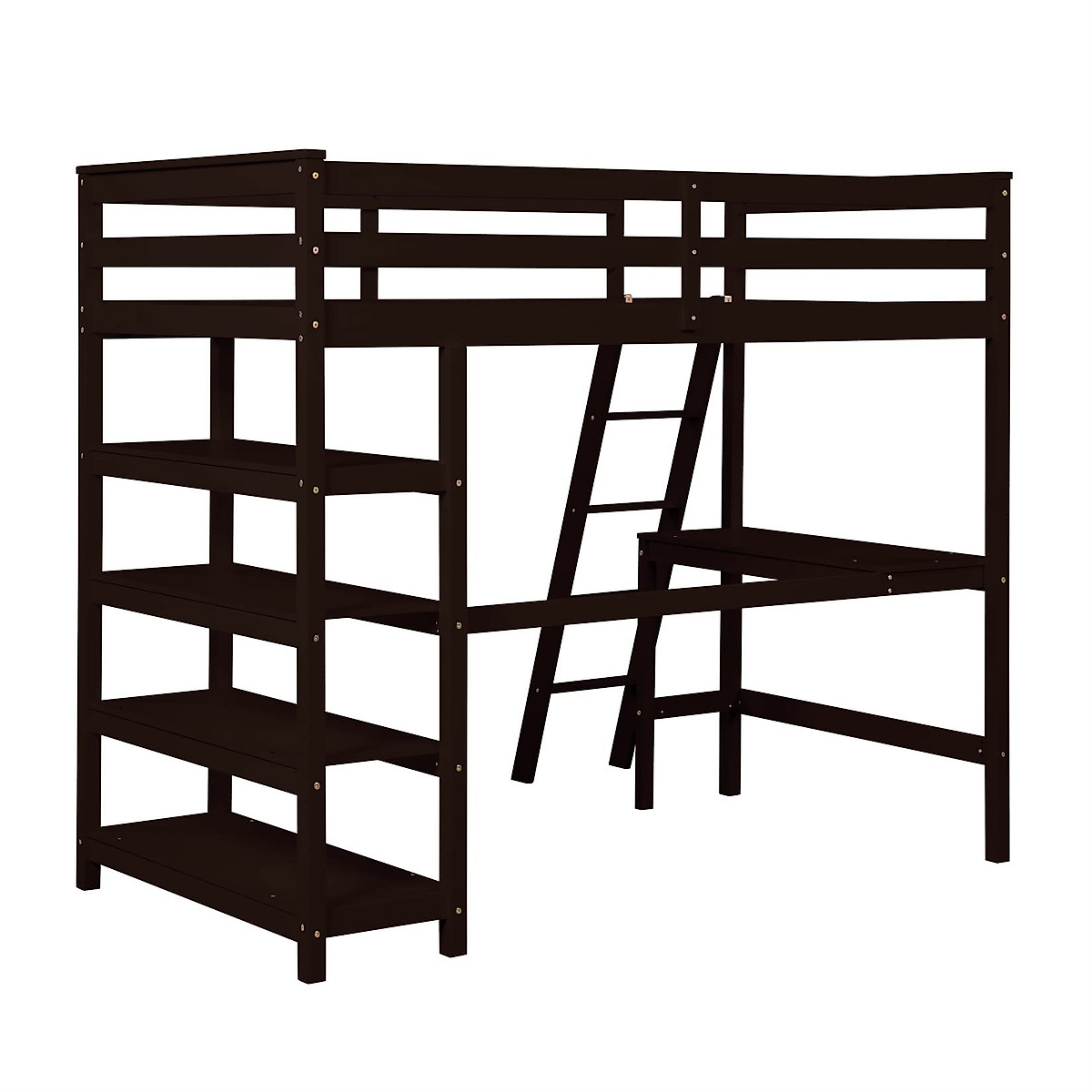 Bellemave Twin Loft Bed with Desk & Shelves for Teens Adults, Wood High Loft Bed Frame with Bookcase & Angle Ladder for Kids Boys Girls, Full-Length Guardrail, Twin Size, Espresso