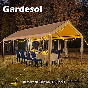 Gardesol Carport, 10'x20' Heavy Duty Carport with Roll-up Ventilated Windows, Portable Garage with Removable Sidewalls & Doors for Car, Truck, Boat, Car Canopy with All-Season Tarp, Beige