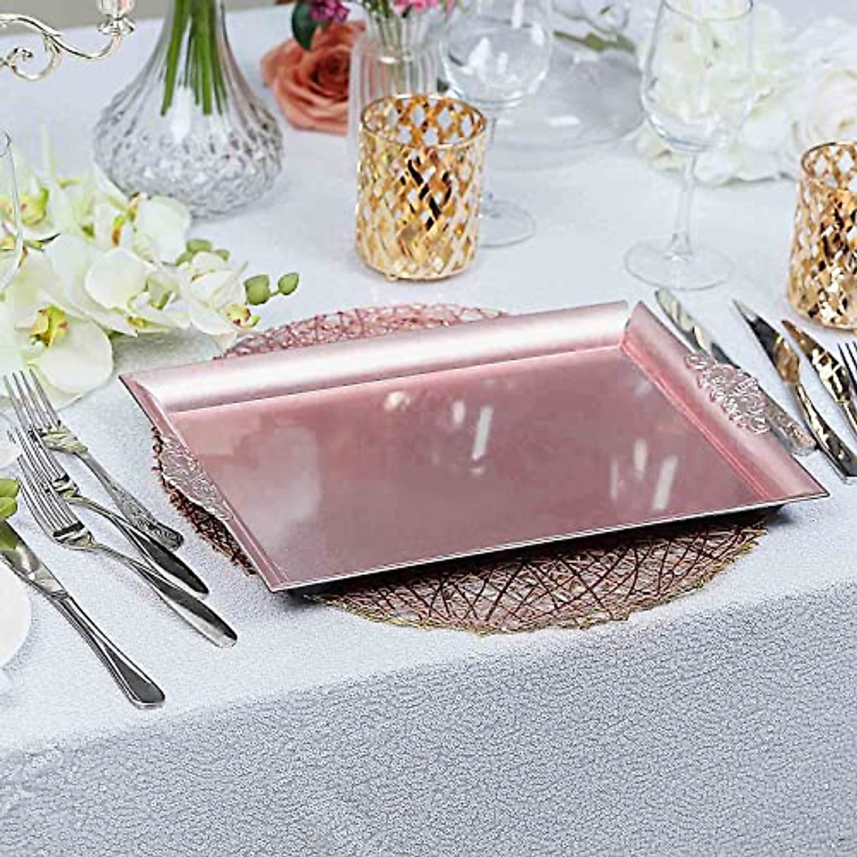 Efavormart 2 PCS - 14"x10" Rose Gold Square Decorative Plastic Serving Trays With Embossed Rims