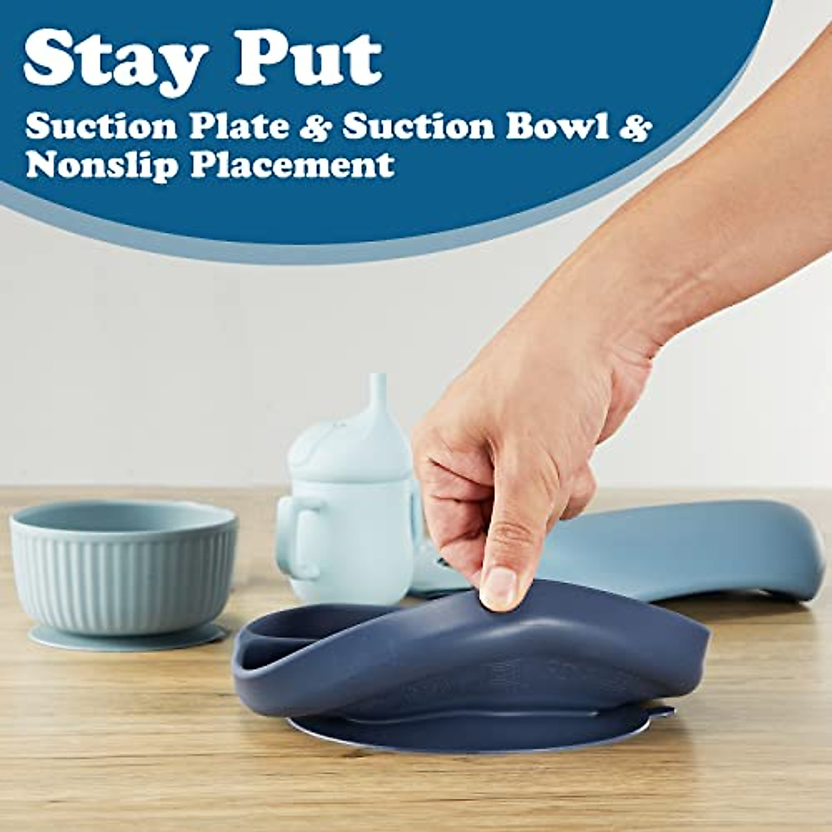 Potchen Baby Led Weaning Supplies Baby Feeding Set Toddlers Silicone Divided Suction Plate Suction Bowl, Adjustable Bib, First Stage Spoon Fork, Placemat, Straw Cup Infant Self Eating Utensil (Blue)