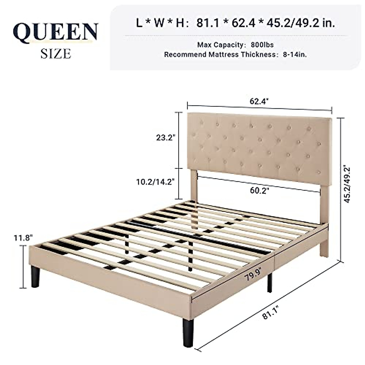 Allewie Queen Bed Frame with Adjustable Headboard/Diamond Stitched Button Tufted/Fabric Upholstered Platform Bed Frame/Wood Slat Support/No Box Spring Needed/Easy Assembly, Beige