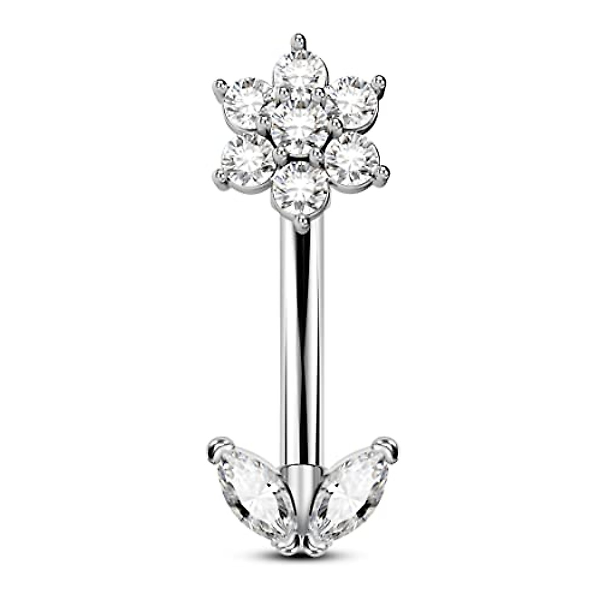 COCHARM Flower 14G Belly Button Ring Silver Small Belly Rings for Women Short Bar Curved Barbell Hypoallergenic Clear CZ Belly Navel Piercing Jewelry