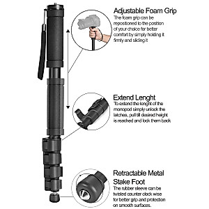 Acuvar 62' Inch Monopod with Integrated Safety Strap and 4 Section Extending Pole for All Digital Cameras, DSLR, Mirrorless, Compact Cameras, Camcorders & Cell Phones