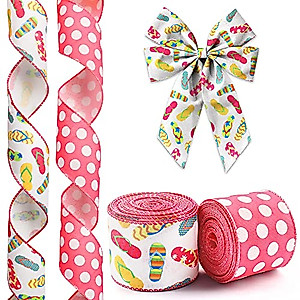Hying 2 Rolls Summer Slipper Ribbons Wired for Wreath Bows Wrapping Gifts, Beach Slipper Dots Ribbon for Gift Wrapping Birthday Party Decoration DIY Crafts 2.5" X 10 Yards Rose Dots Wired Edge Ribbon