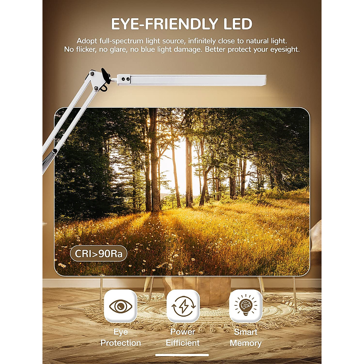 LED Desk Lamp, Adjustable Swing Arm Desk Light with Clamp, 3 Modes &10 Brightness, Study Clamp Light for Architect Kids, Memory Function, Bright Desk Lamps for Home Office Read Room Desktop, White-14W