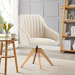 Furniliving 36.8'' Mid Century Modern Swivel Accent Chair for Living Room, Wood Desk Chair with Arms Mid Back Arm Chairs Upholstered Home Office Chair No Wheels for Home Office/Bedroom, Beige