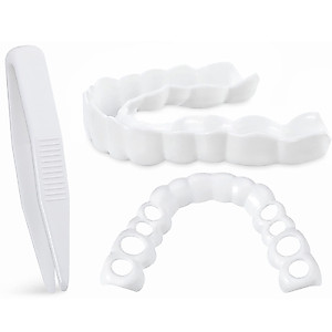 Teeth Veneers 2 Pieces Dental Veneers Fake Teeth Veneers Magic Teeth Brace Fake Top Teeth Customizable Temporary Fake Teeth White Instant Veneers Dentures with Mini Tweezer for Bad Teeth Whitening