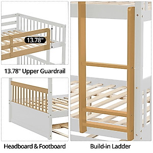 Full Over Full Bunk Bed with Trundle, Pine Wood Bunkbeds with Build-in Ladder and Safety Rails, Convertible to 2 Full Size Platform Bed for 3 Teens& Adults, No Box Spring Needed, White
