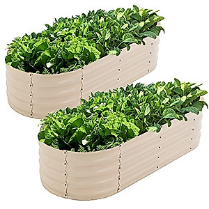 Sundale Outdoor 2 Pack Galvanized Raised Garden Bed Kit, 4x2x1ft Planter Raised Garden Boxes Outdoor with Anti-Rust Paint, Oval Metal Planter Box for Vegetables Flower（Beige）