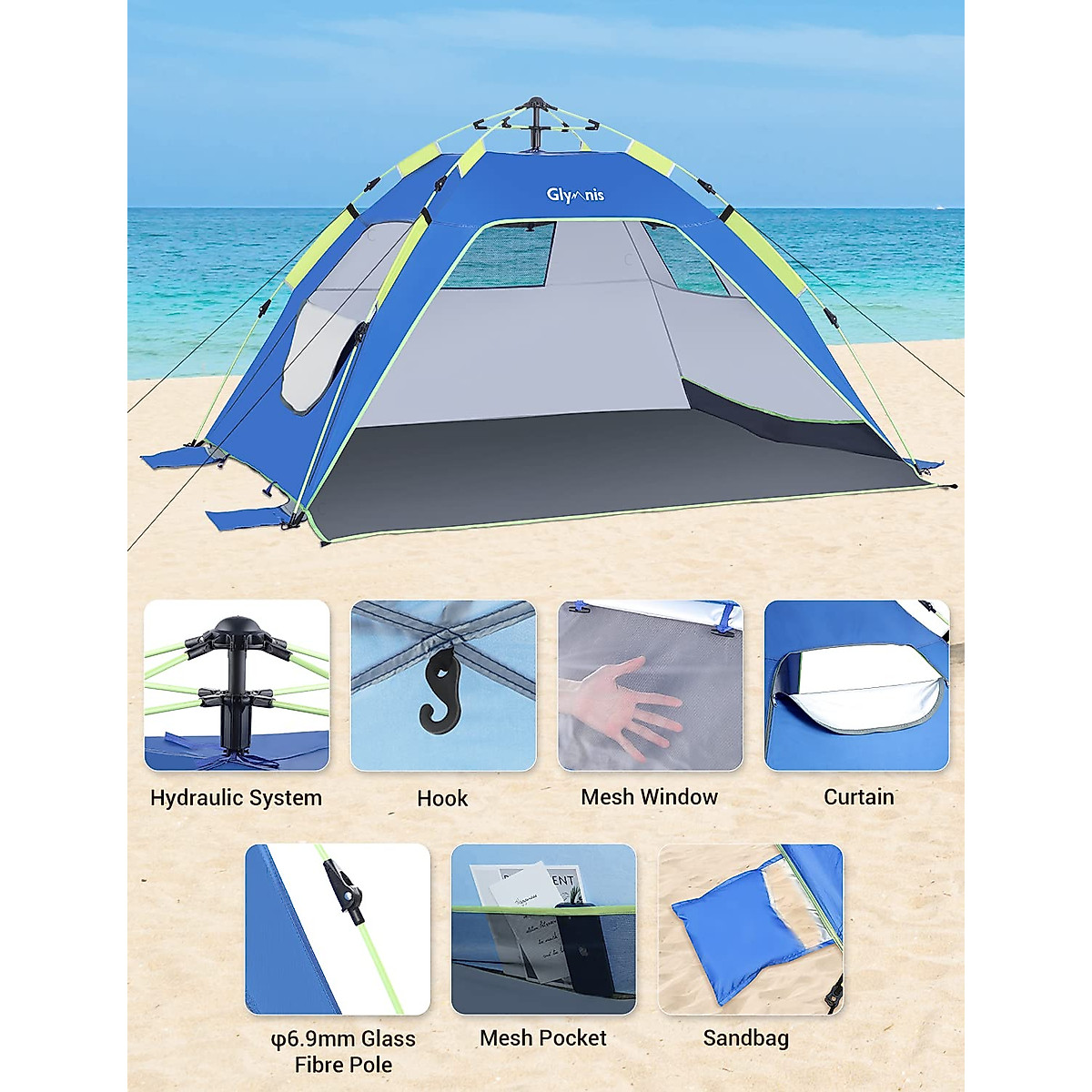 Glymnis Pop Up Beach Tent Sun Shade Shelter for 4 Person with UPF 50+ Easy Setup, 3 Ventilation Windows, Extended Floor Family Instant Beach Tent