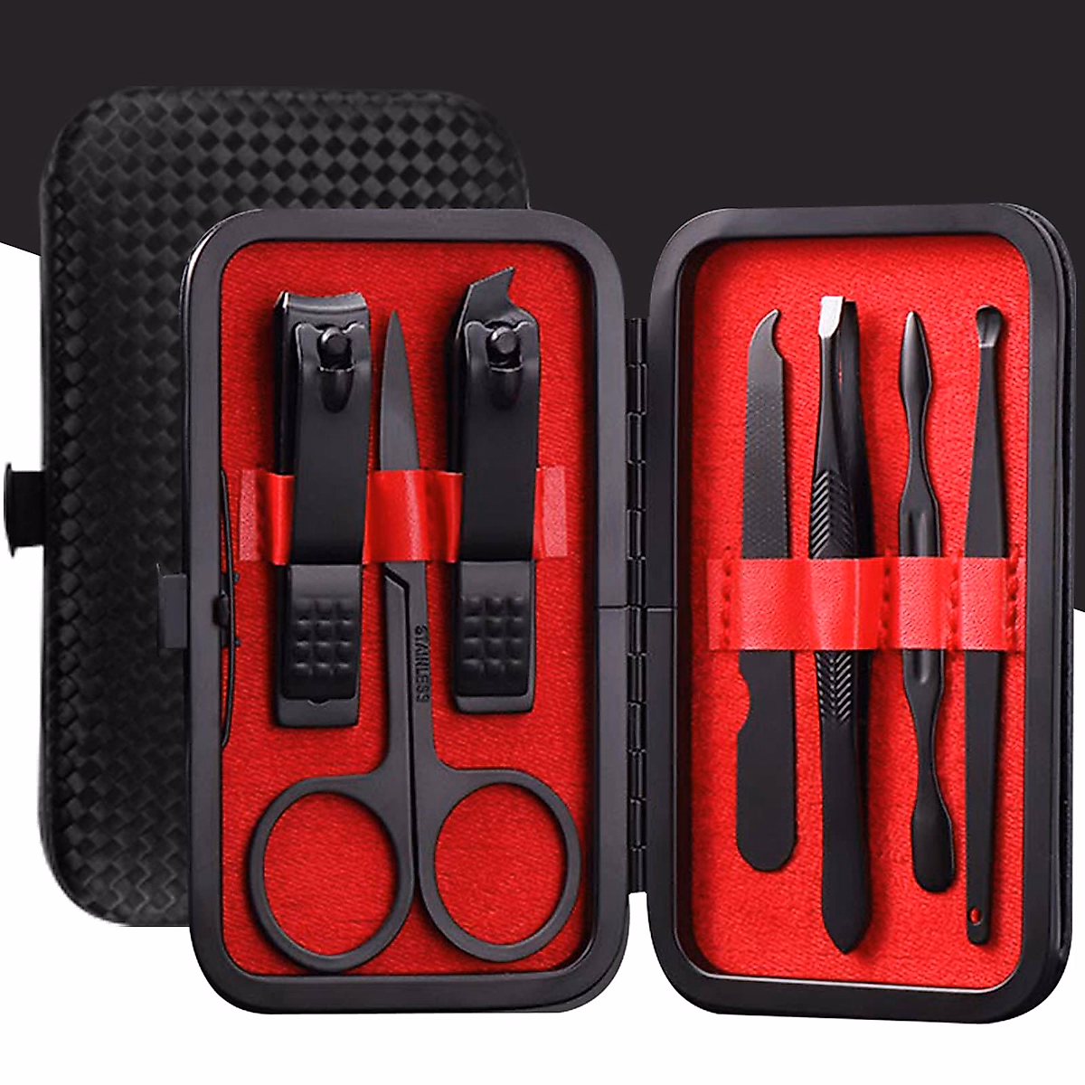 Manicure Set Pedicure Kit Professional 19 Pcs Nail Clipper for Men & Women Stainless Steel Sharp Cutter Grooming Nose Hair Scissors…Black Fingernails & Toenails with Portable Case (Red_7 pieces)