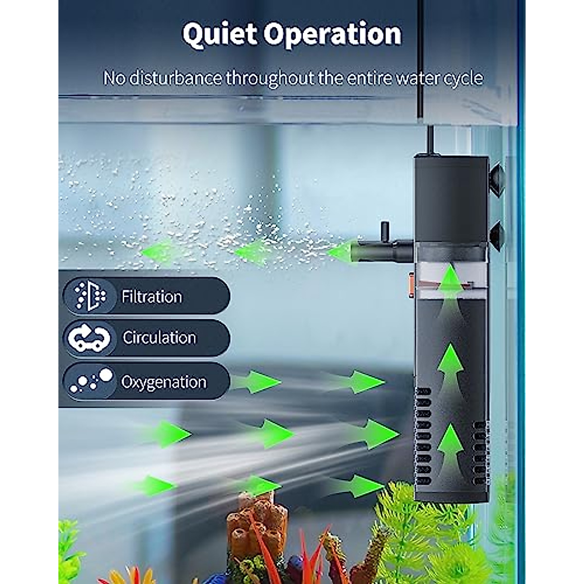 Pawfly Internal Aquarium Filter, Submersible Power Filter with 55 GPH Water Pump for 3 to 10 Gallon Fish Tanks Filtration Circulation and Oxygenation