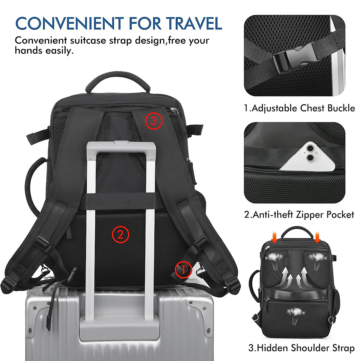 Travel Backpack for Men Women, Large Carry On Backpack Airline Approved,TSA 17.3 inch Laptop Backpack, Waterproof Backpack, College School Bag Casual Daypack for Weekender Business Hiking, Black