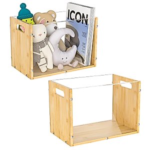 Aokitsink Storage Bin (Bamboo & Acrylic, 1PC) Storage Basket for Organizing Wooden Basket with Handles for Books Makeup & Supplies Home Office Organization and Storage