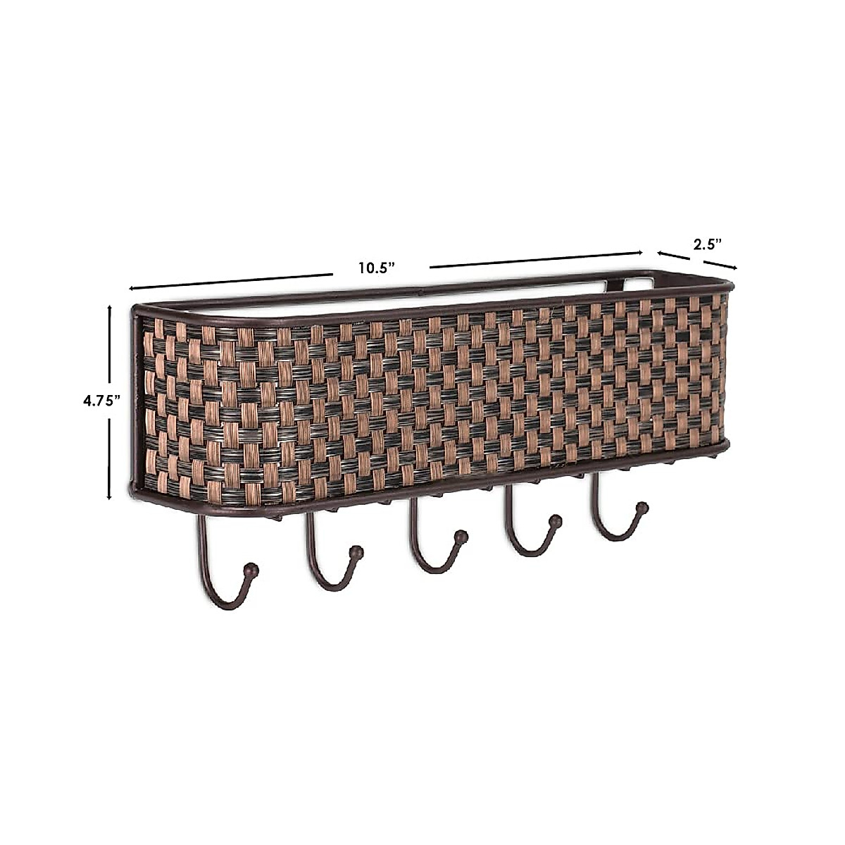 Home Basics Wall Mount Mail Letter Organizer Basket Shelf and 5 Key Hook/Holder in Brown Weave