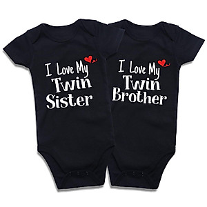 DEFAHN Newborn Twins Baby Boy Girl Bodysuit, 2 Pack Funny Letter Printed Rompers Twin Matching Clothes Outfits (2Pcs I Love My Sis/Bro, 0-3 Months)