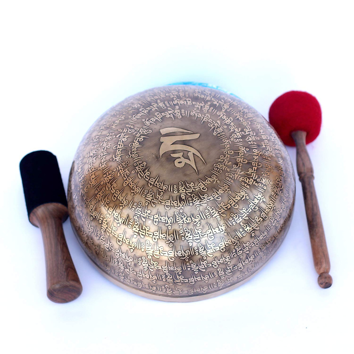 10-Inch Tibetan Mantra Nine Metal Handmade Singing Bowl ~Deep Sound~ for Professional use of Meditation, Sound Therapy and Healing- Ohm Mane Padme Ohm hand carved~ Included Mallet, Cushion & Drumstick
