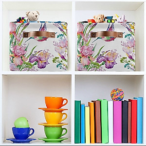AUUXVA Hummingbirds Irises Flower Storage Bins Basket, Spring Summer Foral Collapsible Storage Cube Rectangle Storage Box with Handles for Shelf Closet Nursery Bedroom Home Office 2 Pack