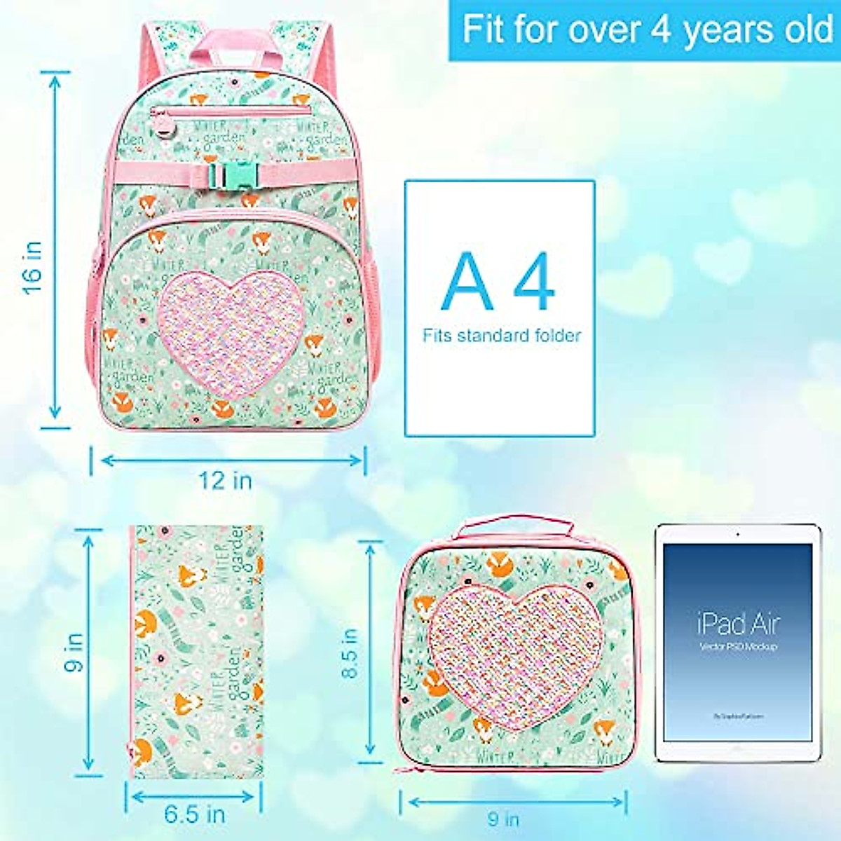 TXHVO 3PCS Kids Backpack for Girls, 16” Preschool Bookbag with Lunch Box, Cute Girl Sequin Backpacks for Elementary School