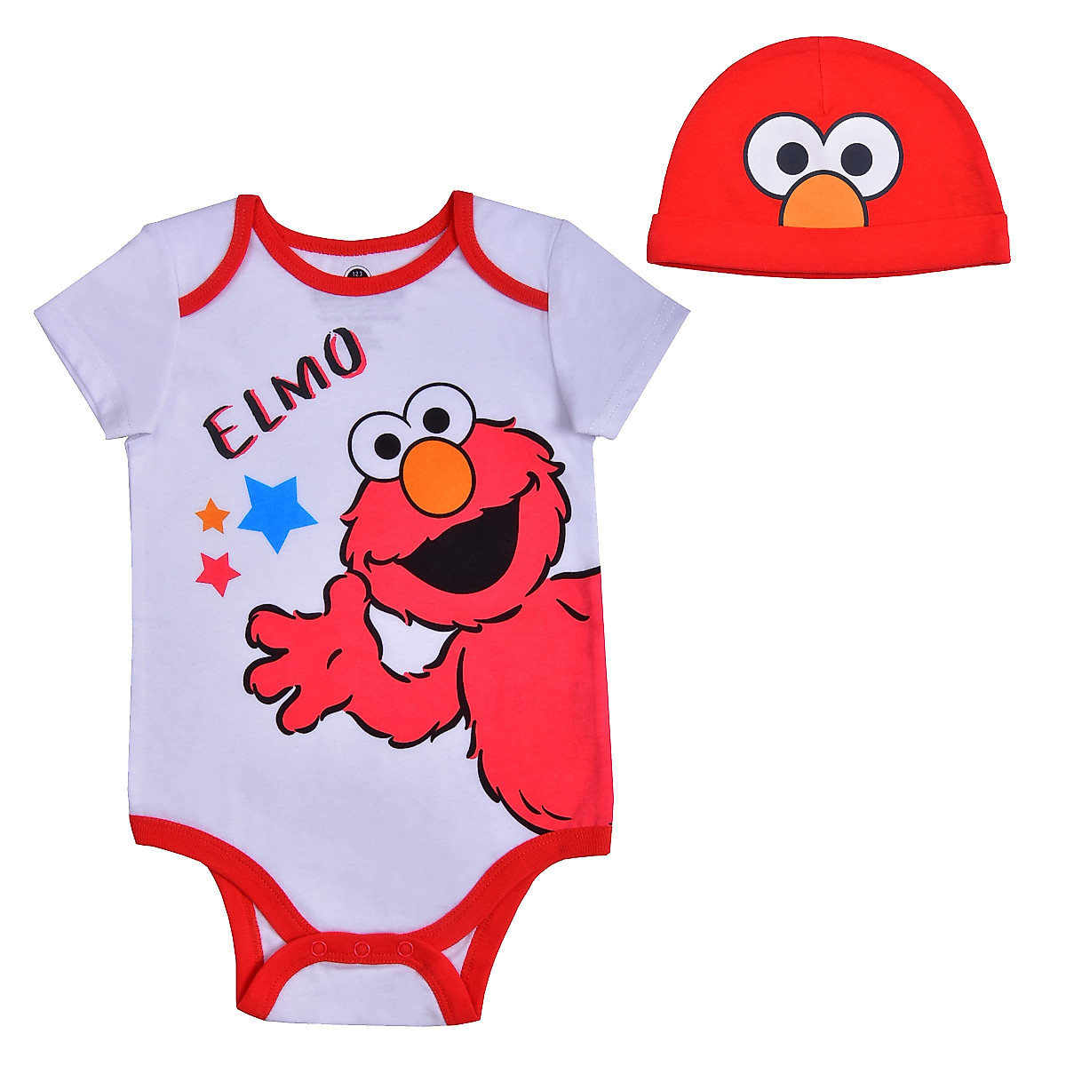 Sesame Street Elmo and Cookie Monster Boys Short Sleeve Bodysuit with Cap Set for Baby and Infant – Blue/White or Red/White
