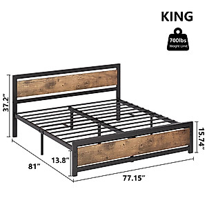 IDEALHOUSE King Size Bed Frame with Wooden Headboard and Footboard, Metal King Bed Platform No Box Spring Needed, 14 inch Easy to Assemble Noise Free King Bed Frame, Rustic Brown
