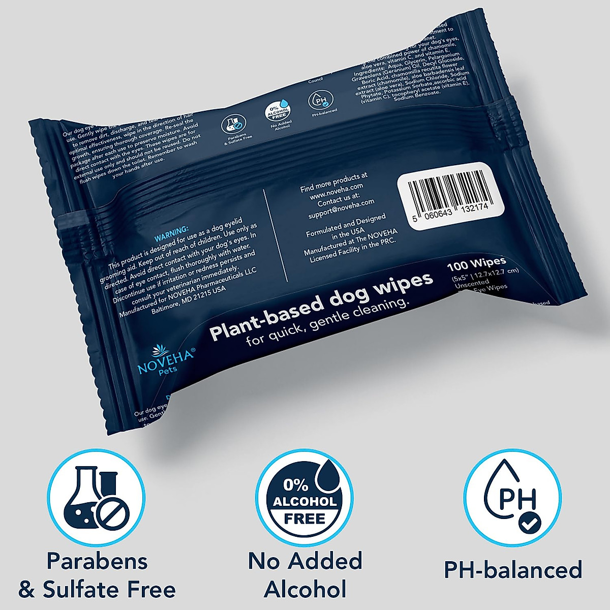 NOVEHA Dog Eye Wipes - Plant-Based Eye Wipes for Dogs - Formulated to Remove Eye Debris, Tear Stains & Eye Discharge - Safe, Convenient, and Large Unscented Wipes (100 Counts, Single Packaging)