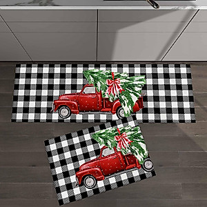 Christmas Kitchen Rugs and Mats 2 PCS Red Truck Xmas Tree Black White Buffalo Check Kitchen Mats for Floor, Farmhouse Non-Slip Rugs with Runner for Kitchen,Office,Sink,Laundry 15.7"x23.6"+15.7"x47.2"