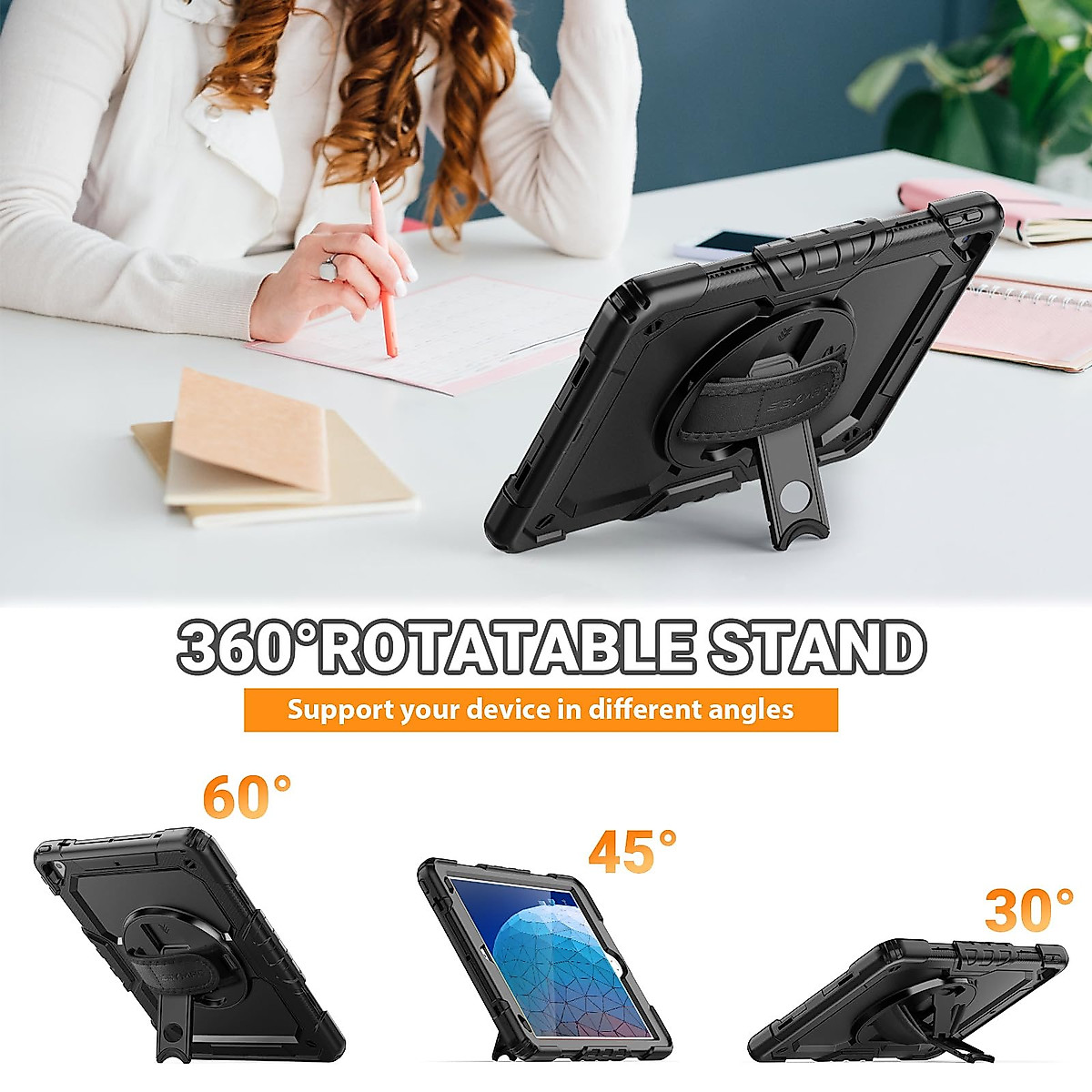 SEYMAC for iPad Air 3 Case 10.5'' for iPad Pro 10.5 Case, Heavy Duty Full-Body Shockproof Protective Case with Screen Protector, 360° Rotating Stand, Hand/Shoulder Strap for iPad Air 3rd Gen, Black