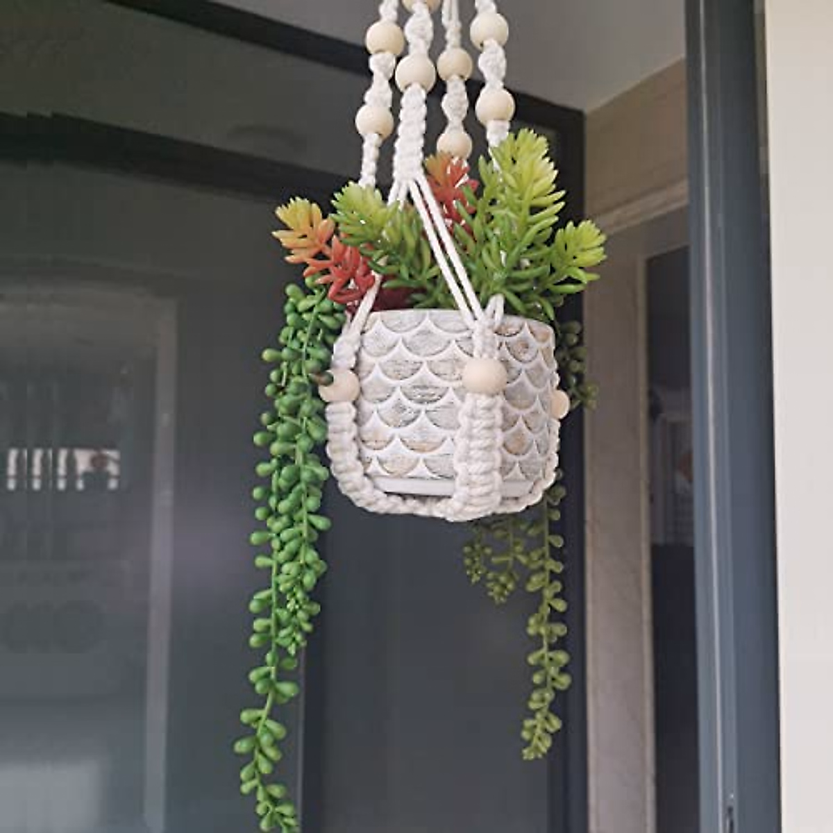 Mivofo Macrame Plant Hanger 35", No Tassel Hanging Plant Holder, Sturdy Flower Pot Holder with 2 Hooks - Ivory