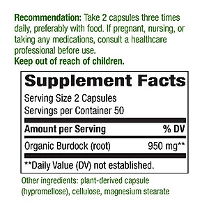 Nature's Way Burdock Root, 950 mg per serving, 100 Vegan Caps (Packaging May Vary)