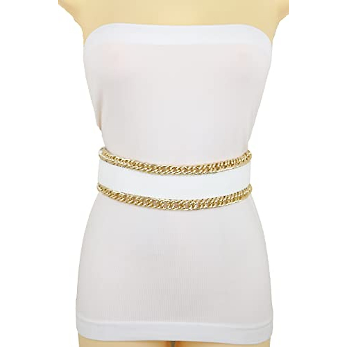 Women White Wide Fashion Belt - Elastic Waistband Gold Metal Chain Links Size S, Silver, One Size