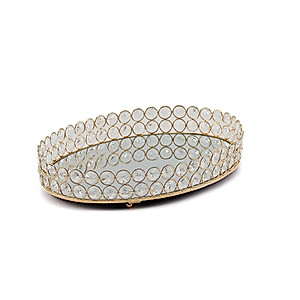 Efavormart 16" x 12" Gold Metal Crystal Beaded Decorative Serving Tray Oval Mirror Tray for Wedding Birthday Party