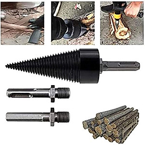 KEWAYO 4pcs Removable Splitting Wood Cone Drill Bit, Wood Splitter Drill Set for Heavy Duty Drill Split Wood Tool and Hand Drill Stick-hex+Square+Round