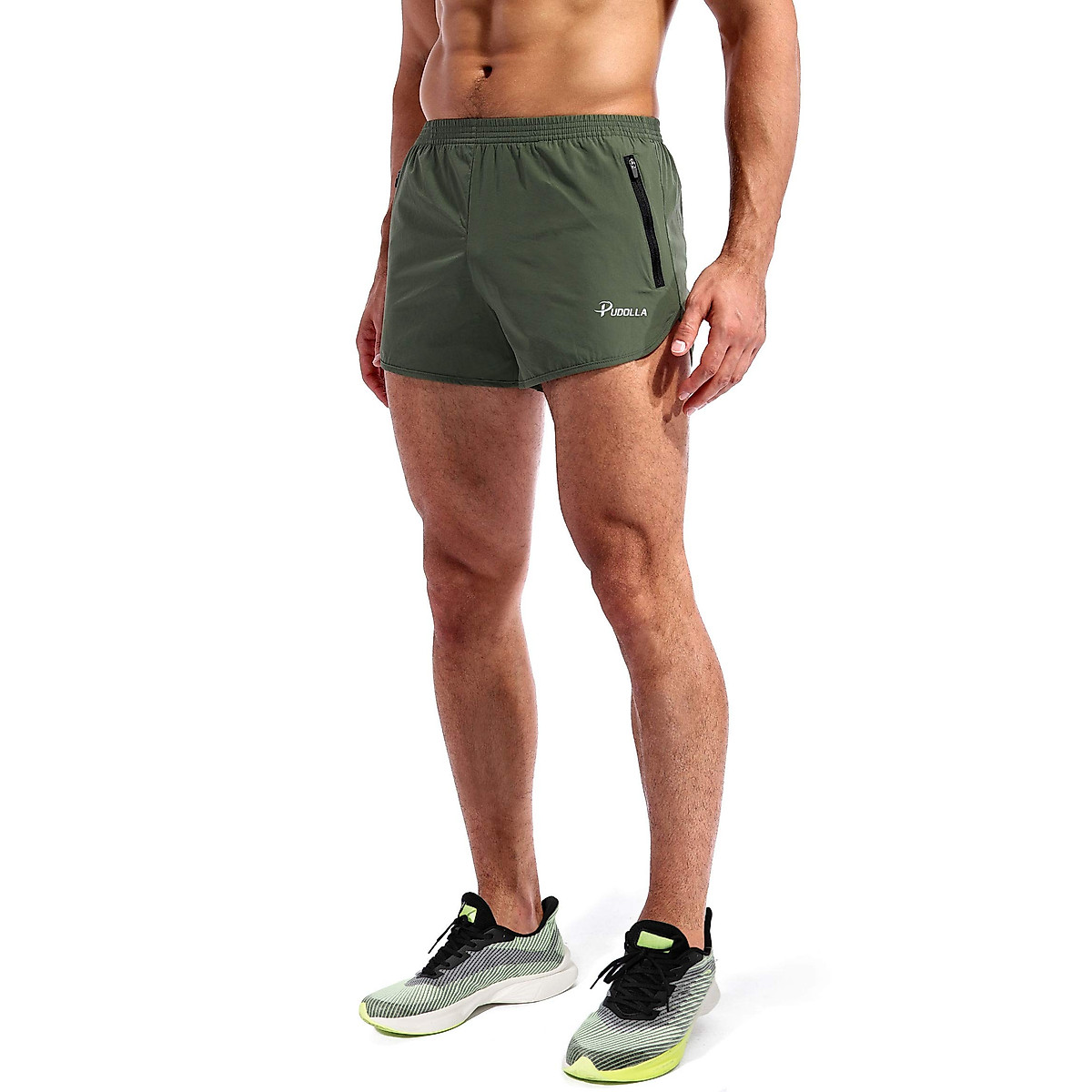 Pudolla Men’s Running Shorts 3 Inch Quick Dry Gym Athletic Workout Shorts for Men with Zipper Pockets(Black Green Large)