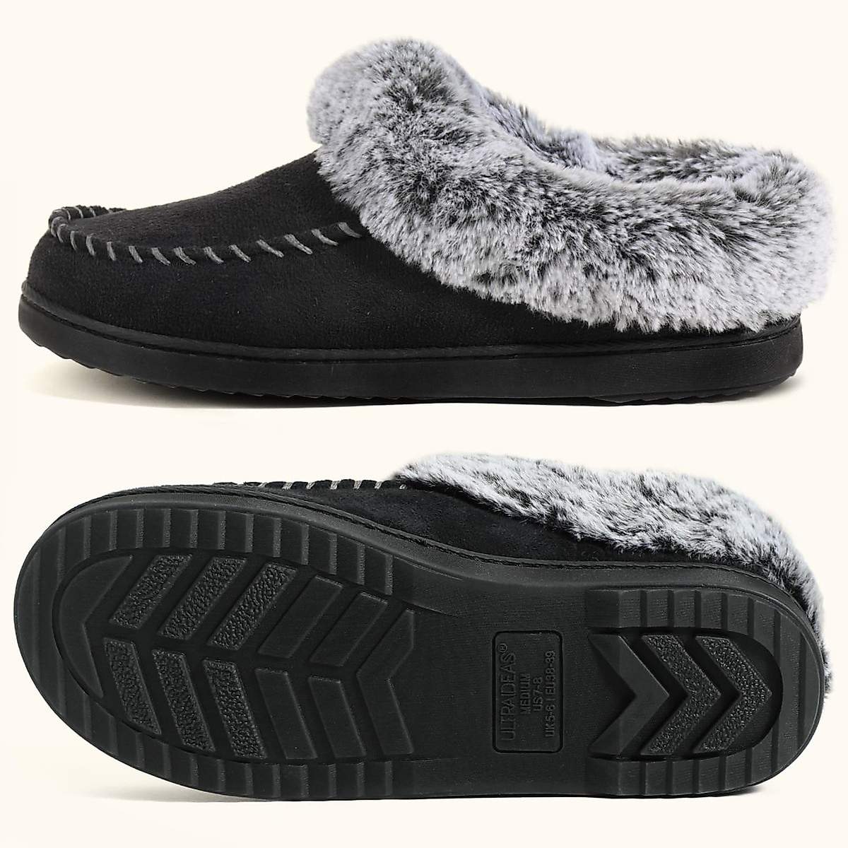 ULTRAIDEAS Women's Memory Foam House Slippers with Hard Bottom, Fur Lined House Shoes with Non-Slip Rubber Sole for Indoor & Outdoor (Black, 7-8)