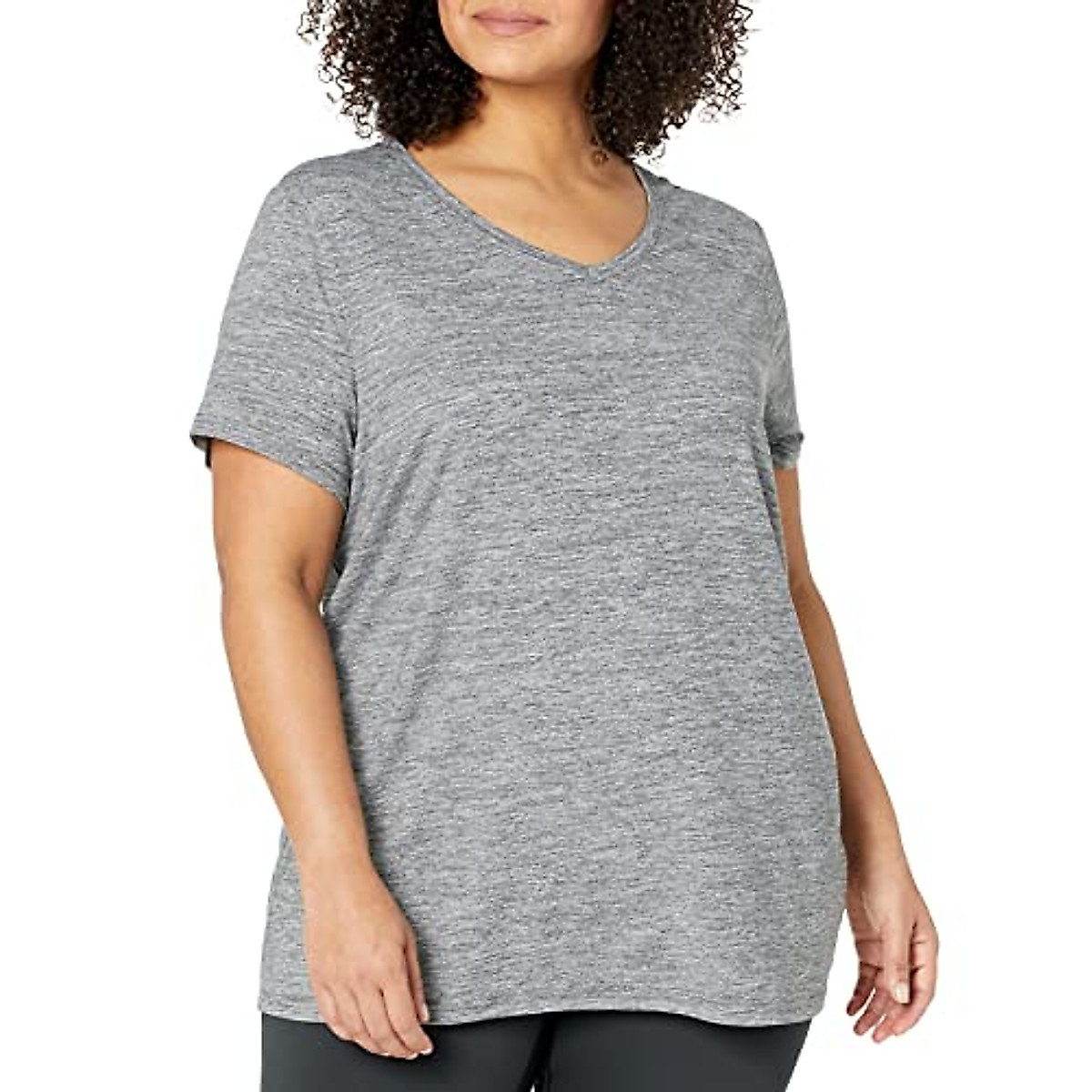 Amazon Essentials Women's Tech Stretch Short-Sleeve V-Neck T-Shirt (Available in Plus Size), Pack of 2, Black/Dark Grey Space Dye, Medium