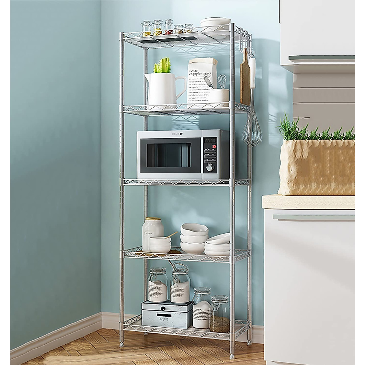 OMKUOSYA 5 Tier Storage Racks and Shelving - Heavy Duty Steel Pantry Shelves - Each Unit Loads 120 Pounds Wire Rack Shelf, Suitable for Kitchen, Bathroom, Closet, Warehouse - Silver