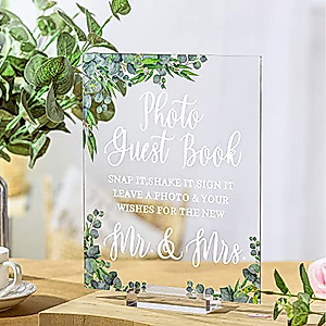 8 x 10 In Wedding Signs for Ceremony and Reception Wedding Photo Booth Sign Guest Sign in Book Clear Acrylic Wedding Sign Wedding Welcome Sign with Base Eucalyptus Leaves Guestbook Message Decoration
