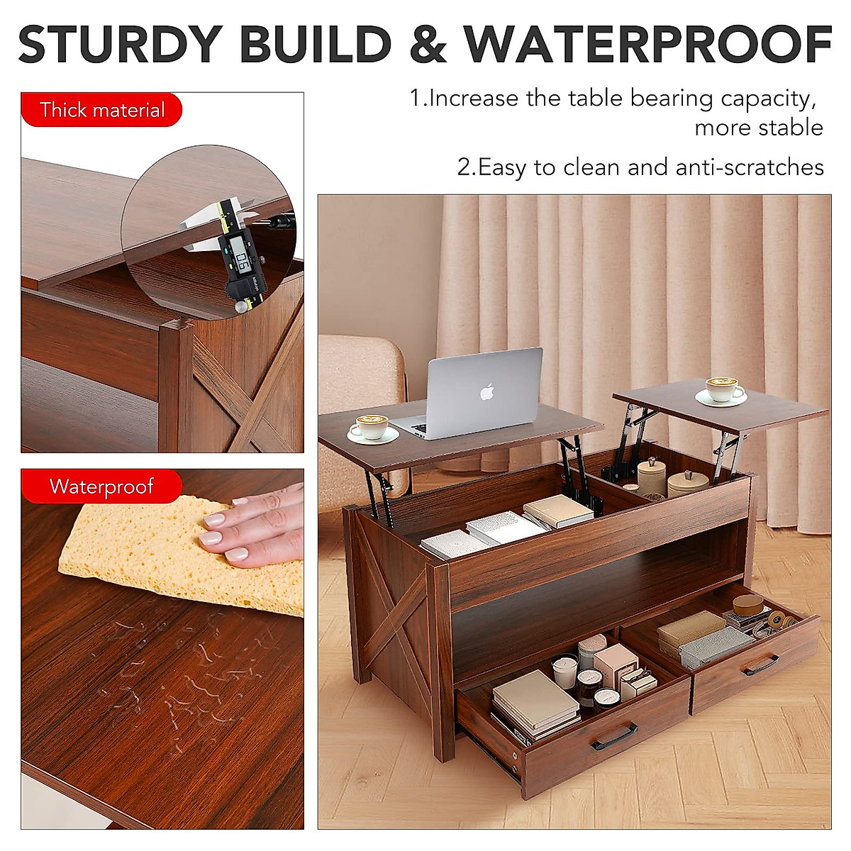 CLATINA Lift Top Coffee Table with Drawers and Hidden Compartment, 43.3'' Retro Center Coffee Table for Living Room, Farmhouse Coffee Table with Wooden Lift Tabletop, Espresso