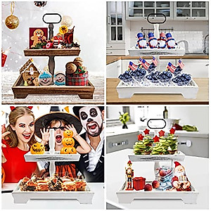 CRAZYMOTO 2 Tier Wooden Rustic Retro Tiered Tray Farmhouse Tiered Tray Stand - Wood Tiered Tray Decor Holder for Rectangle Wooden Platter for Cakes, Desserts Fruits Snack Candy